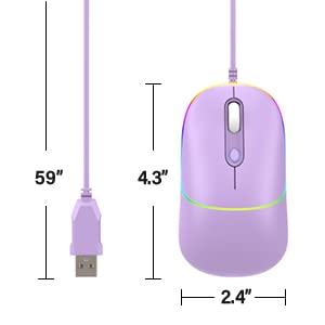 FENISIO Wired Mouse, LED Computer Mouse Wired, 4 Adjustable DPI up to 6400 Ultra Silent Mouse, Optical Tracking USB Mouse Soft Rubber Corded Mouse for Laptop PC Windows (Purple)