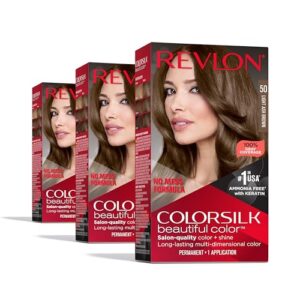 revlon permanent hair color, permanent brown hair dye, colorsilk with 100% gray coverage, ammonia-free, keratin and amino acids, brown shades (pack of 3)