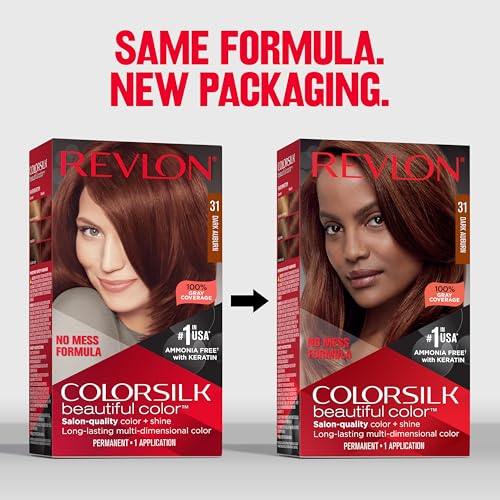 Permanent Hair Color by Revlon, Permanent Red Hair Dye, Colorsilk with 100% Gray Coverage, Ammonia-Free, Keratin and Amino Acids, Red Shades, 31 Dark Auburn (Pack of 3)