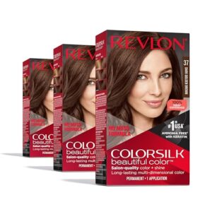 revlon permanent hair color, permanent brown hair dye, colorsilk with 100% gray coverage, ammonia-free, keratin and amino acids, brown shades (pack of 3)