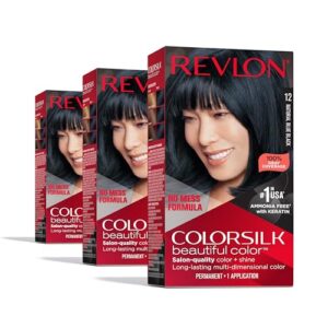 revlon permanent hair color, permanent black hair dye, colorsilk with 100% gray coverage, ammonia-free, keratin and amino acids, black shades (pack of 3)