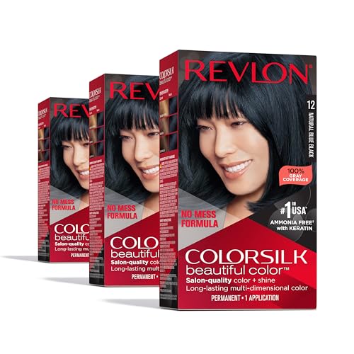 Revlon Permanent Hair Color, Permanent Black Hair Dye, Colorsilk with 100% Gray Coverage, Ammonia-Free, Keratin and Amino Acids, Black Shades (Pack of 3)