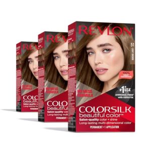 permanent hair color by revlon, permanent brown hair dye, colorsilk with 100% gray coverage, ammonia-free, keratin and amino acids, brown shades, 51 light brown (pack of 3)