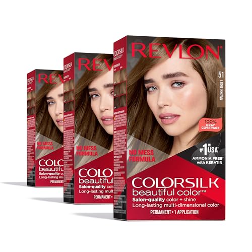 Permanent Hair Color by Revlon, Permanent Brown Hair Dye, Colorsilk with 100% Gray Coverage, Ammonia-Free, Keratin and Amino Acids, Brown Shades, 51 Light Brown (Pack of 3)