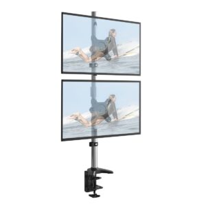 joy seeker dual monitor desk mount stand, vertical stack screen monitor riser fits two 13 to 32 inch lcd led screen with height adjustable, tilt, swivel, holds up to 17.6lbs in vertical position