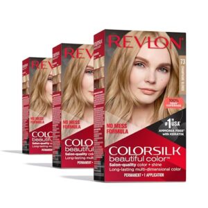 permanent hair color by revlon, permanent blonde hair dye, colorsilk with 100% gray coverage, ammonia-free, keratin and amino acids, blonde shades, 73 champagne blonde (pack of 3)