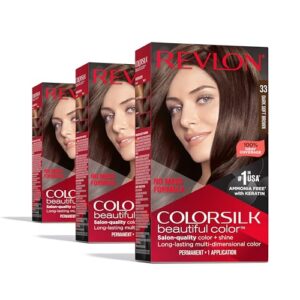 revlon permanent hair color, permanent brown hair dye, colorsilk with 100% gray coverage, ammonia-free, keratin and amino acids, brown shades (pack of 3)