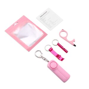 Safety Keychain Set for Women and Kids, 4 Pcs Safety Keychain Accessories, Self Defense Keychain Set for Girls with Safe Sound Personal Alarm, No Touch Door Opener, Whistle and Bottle Opener, Pink