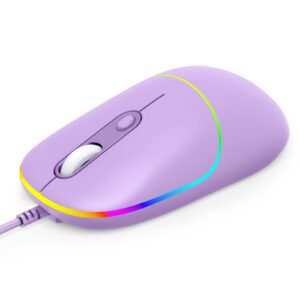 fenisio wired mouse, led computer mouse wired, 4 adjustable dpi up to 6400 ultra silent mouse, optical tracking usb mouse soft rubber corded mouse for laptop pc windows (purple)