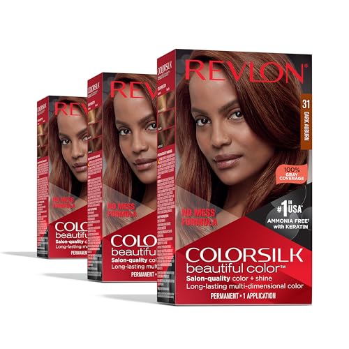 Permanent Hair Color by Revlon, Permanent Red Hair Dye, Colorsilk with 100% Gray Coverage, Ammonia-Free, Keratin and Amino Acids, Red Shades, 31 Dark Auburn (Pack of 3)