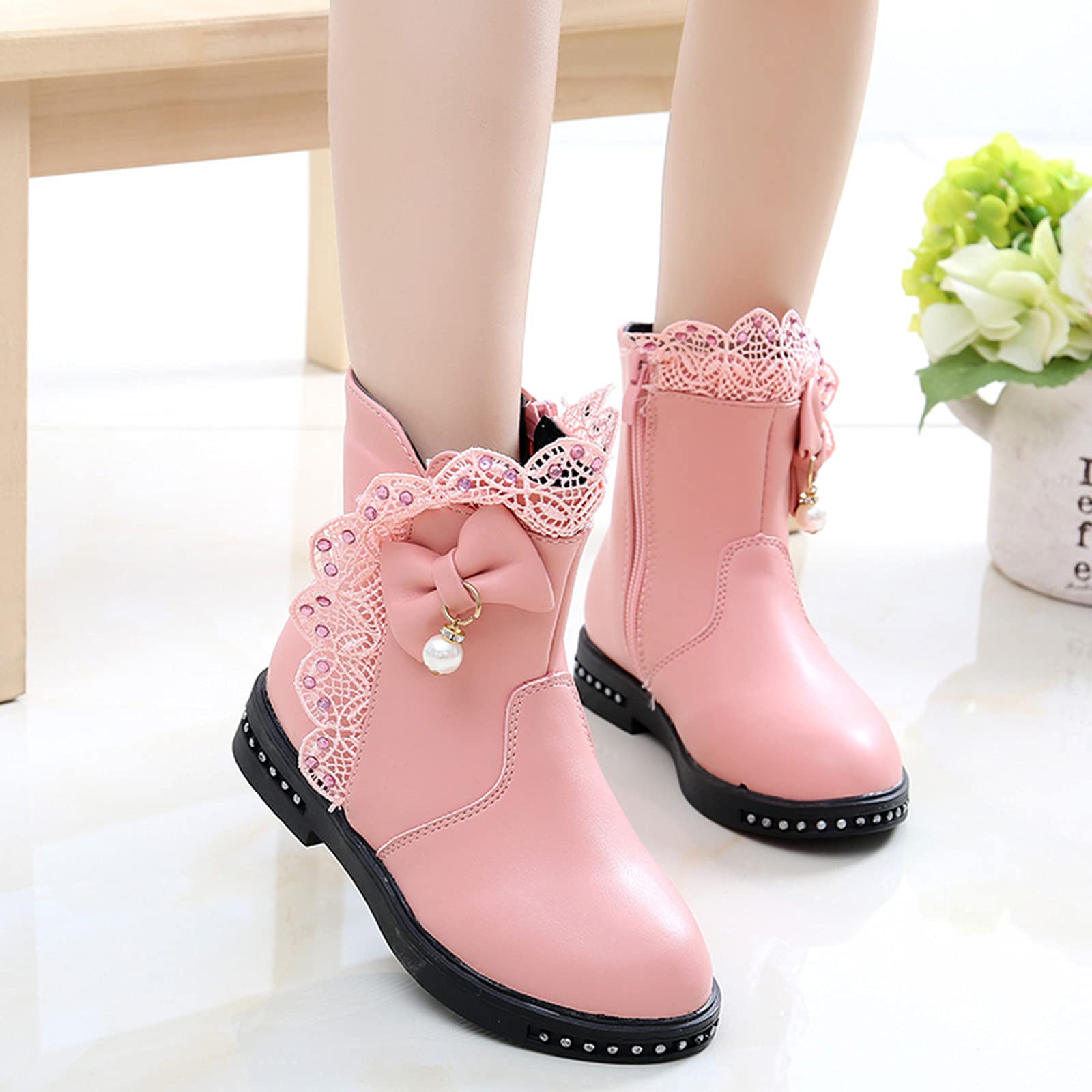 PU Leather Butterfly Knot Princess Shoes for Little Kid/Big Kids Girls 4-12 Years Non-Slip Fur Lining Boots Snow Boots (Pink, 4-4.5Years)