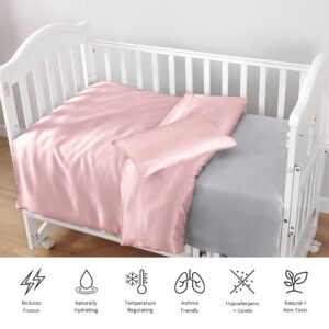 PROMEED Real 22 Momme Silk Baby Crib Duvet Cover Set with Toddler Size Silk Pillowcase, 100% Grade 6A Natural Mulberry Silk Crib Bedding Sets for Boys/Girls (Pink, Crib)