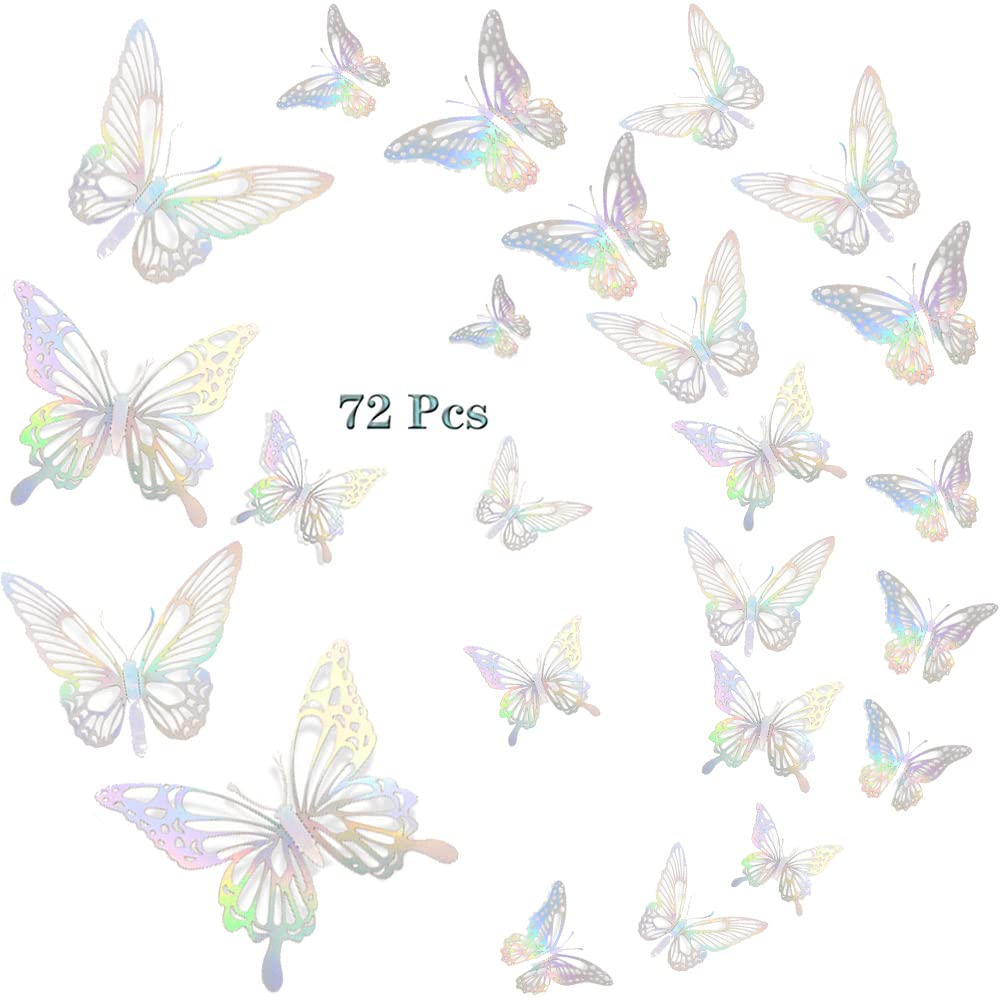 Menoeceus 3D Butterfly Wall Stickers 72 Pcs Silver Room Decor Removable Metallic Wall Sticker Room Mural Decals Decoration for Kids Bedroom Nursery Classroom Party Wedding Decor DIY Gift