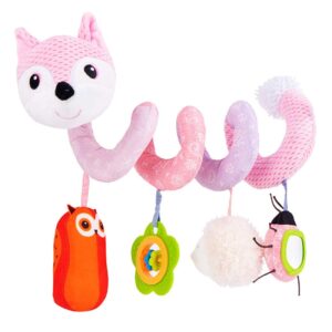 jingbell baby car seat & stroller toys, infant crib activity spiral plush hanging education toys for baby with music, rattles and bb squeaker(pink fox)