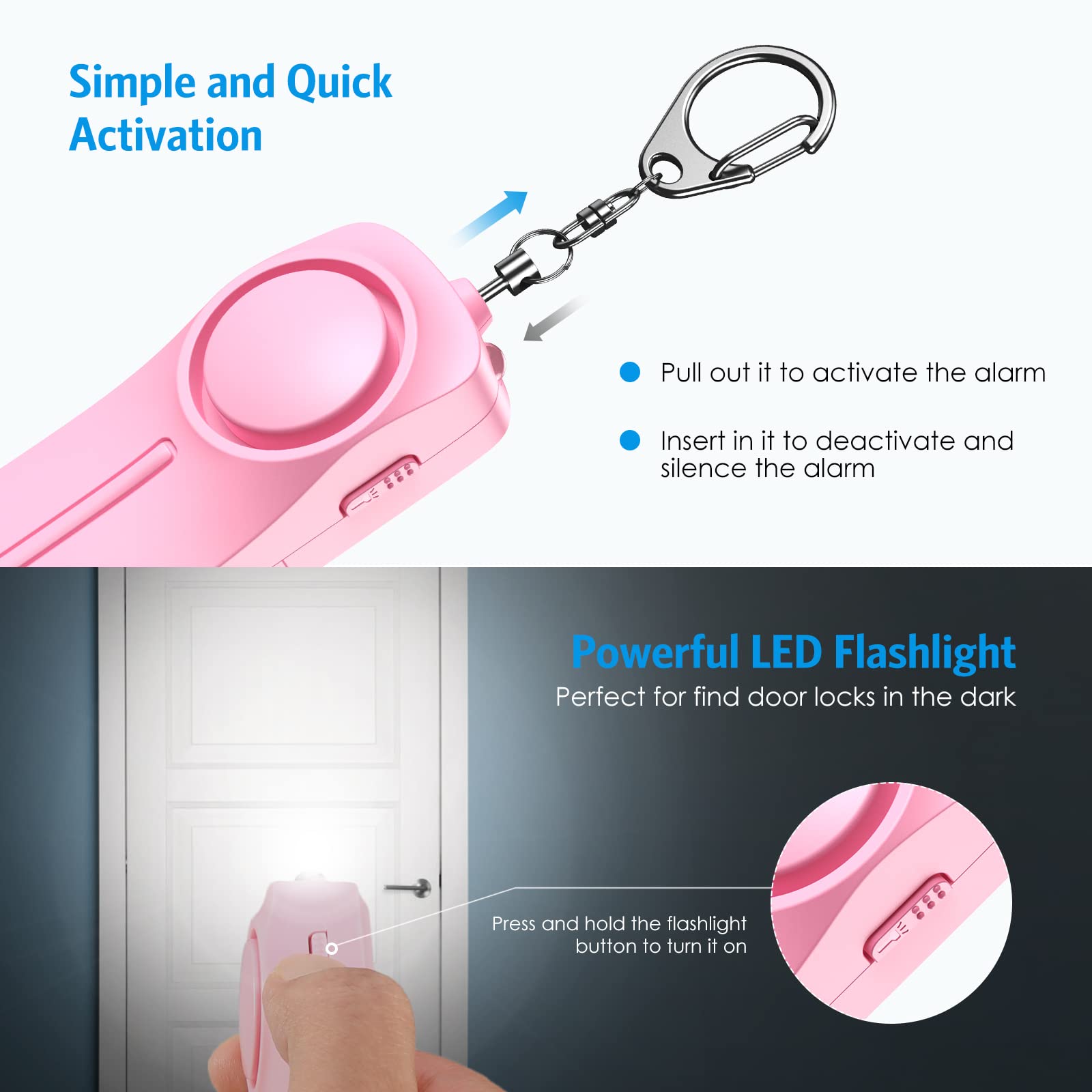 Safety Keychain Set for Women and Kids, 4 Pcs Safety Keychain Accessories, Self Defense Keychain Set for Girls with Safe Sound Personal Alarm, No Touch Door Opener, Whistle and Bottle Opener, Pink