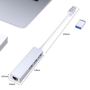 USB to Ethernet Adapter, 3 USB 3.0 Ports with RJ45 Gigabit Ethernet Adapter, USB 3.0 Hub and 1000Mbps Network Adapter Support Windows, Chromebook, Mac, Linux (USB C Adapter Included)