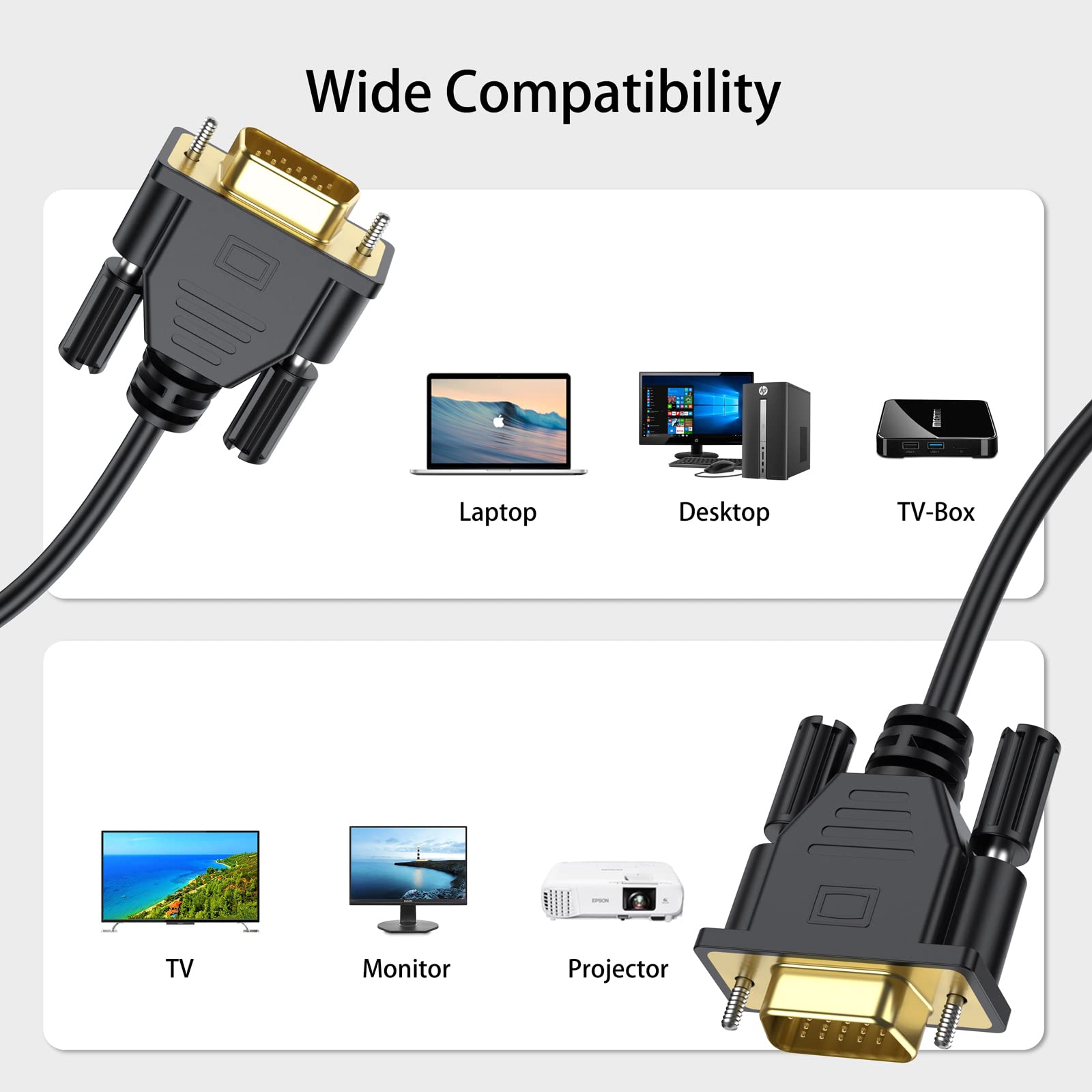 DteeDck VGA Cable 3FT, VGA to VGA Monitor (Ultra Thin Cable) Male to Male 15 Pin Full HD 1080P@60Hz Black Cord