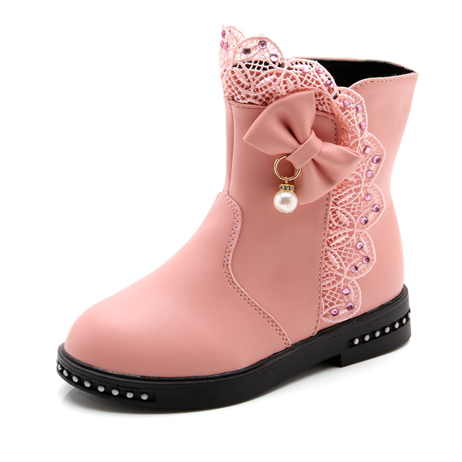 PU Leather Butterfly Knot Princess Shoes for Little Kid/Big Kids Girls 4-12 Years Non-Slip Fur Lining Boots Snow Boots (Pink, 4-4.5Years)