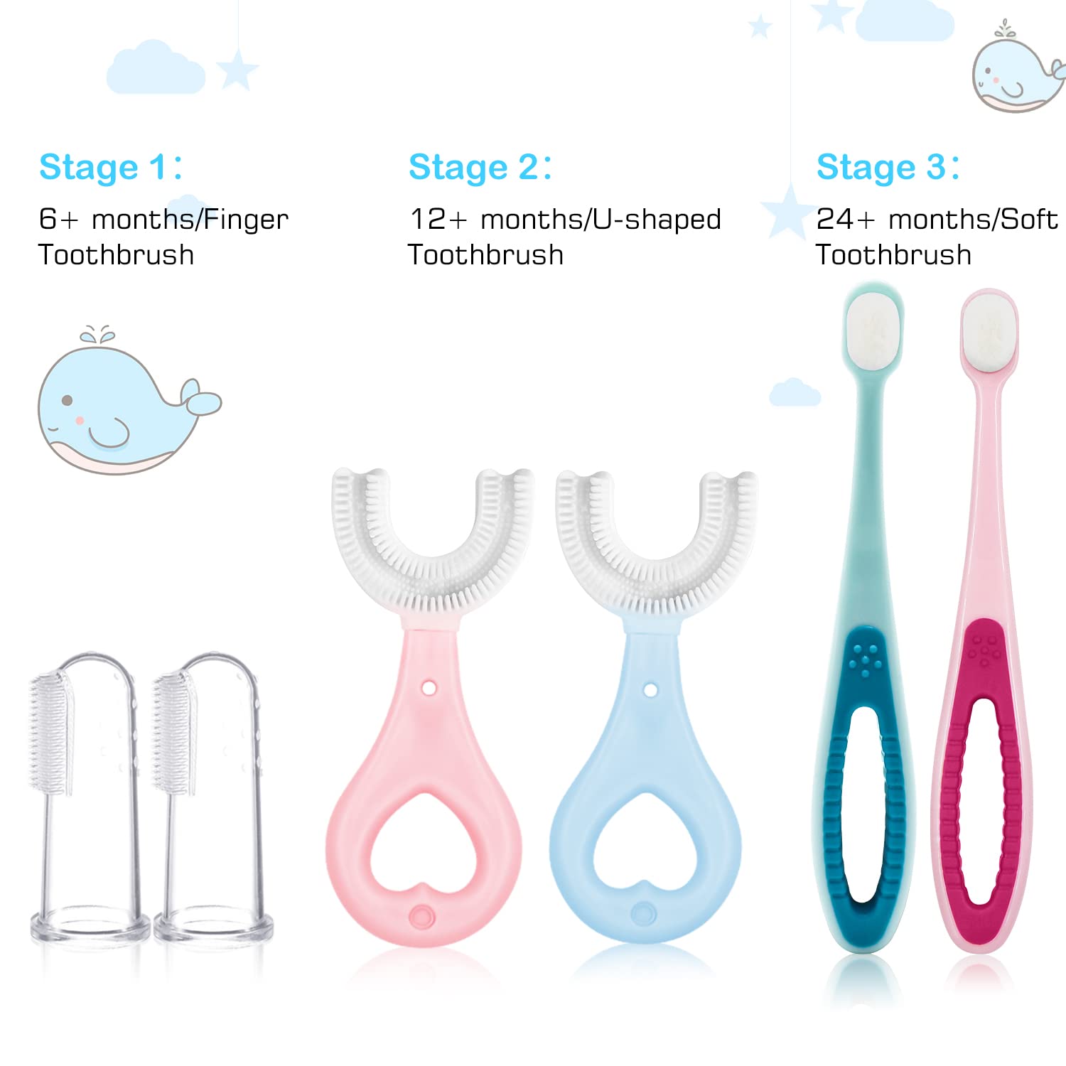 6 in 1 Baby Training Toothbrush Set - Infant to Toddler Toothbrush Oral Care Toothbrush - Food Grade Silicone,Extra Soft Bristles,Perfect for 6+,12+,24+ Months