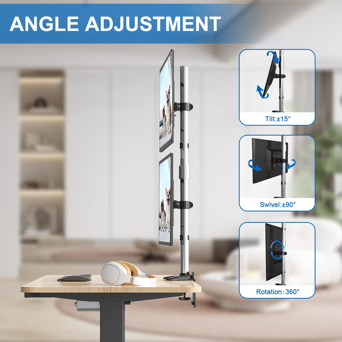 Joy Seeker Dual Monitor Desk Mount Stand, Vertical Stack Screen Monitor Riser Fits Two 13 to 32 inch LCD LED Screen with Height Adjustable, Tilt, Swivel, Holds up to 17.6lbs in Vertical Position