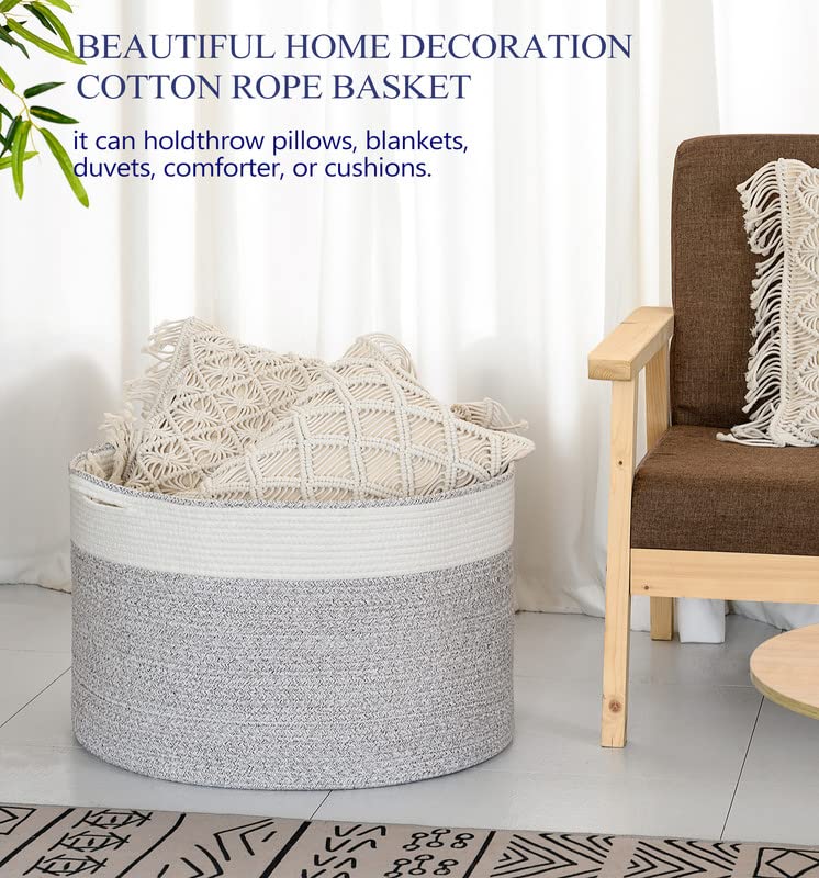 Large Cotton Rope Basket, Blanket Basket 22" x 22" x 14" Woven Cotton Rope Basket Toy Basket Soft Storage Basket White & Navy Blue