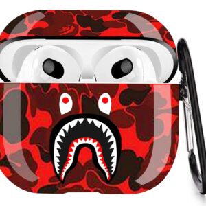 Shark Teeth Camo Softshell Silicone Air Pods IMD Case for AirPods 3rd Generation [2021 Release] , AirPods Charging & Wireless Charging Case Protective Cover and Skin Supreme Gift (Red)