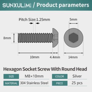 M8 x 10mm Button Head Socket Cap Screws Bolts, 304 Stainless Steel, Bright Finish, Metric Allen Hex Drive, Fully Threaded, 25PCS