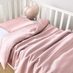 promeed real 22 momme silk baby crib duvet cover set with toddler size silk pillowcase, 100% grade 6a natural mulberry silk crib bedding sets for boys/girls (pink, crib)