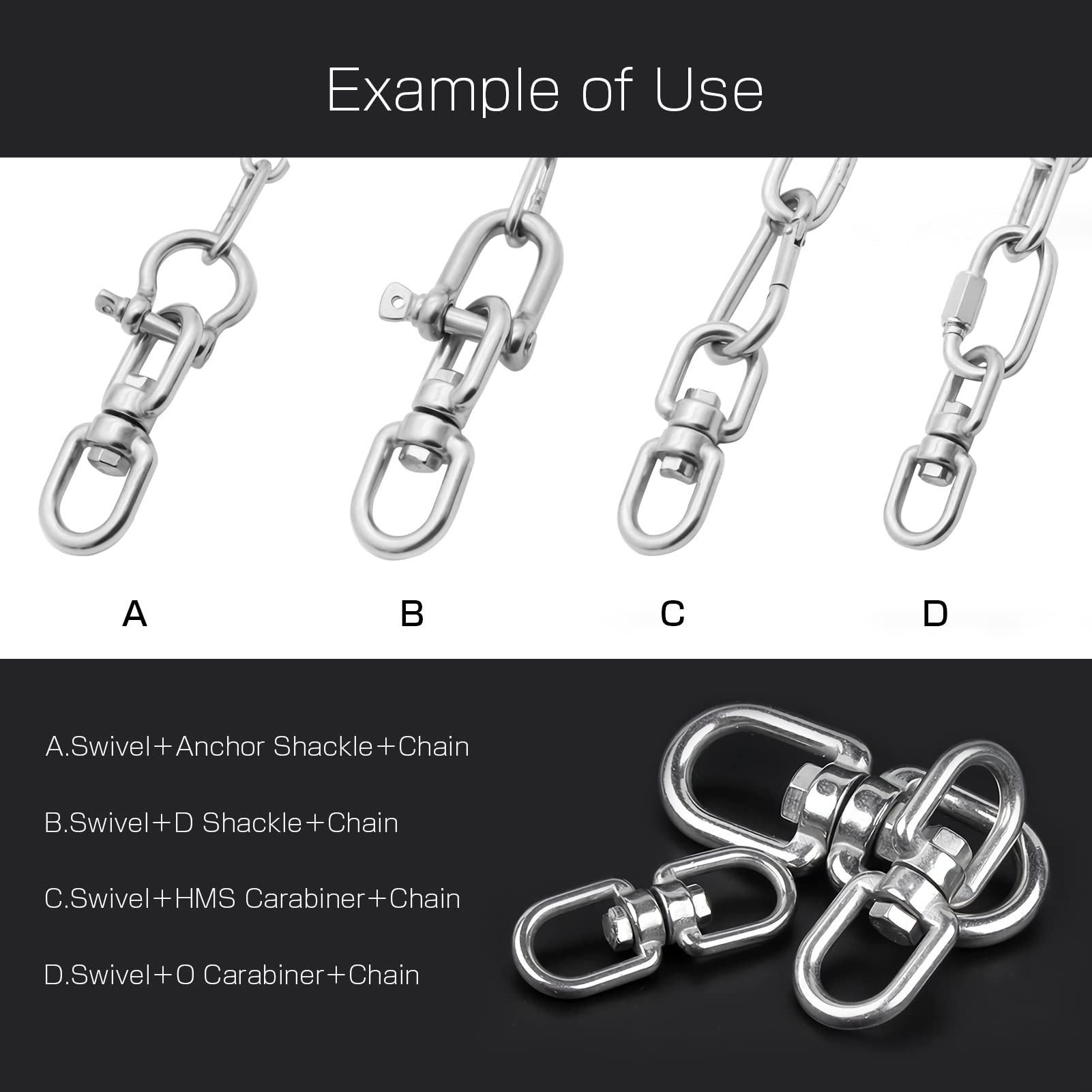 AMYSPORTS Heavy Stainless Swivel Eye Ring Steel Hanging Swivels Eye Connector Double Ended Swivel Eye Marine SUS316 Loop Dia 6mm 3/13inch 330lbsf 4pcs