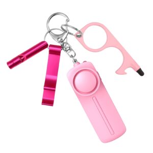 safety keychain set for women and kids, 4 pcs safety keychain accessories, self defense keychain set for girls with safe sound personal alarm, no touch door opener, whistle and bottle opener, pink