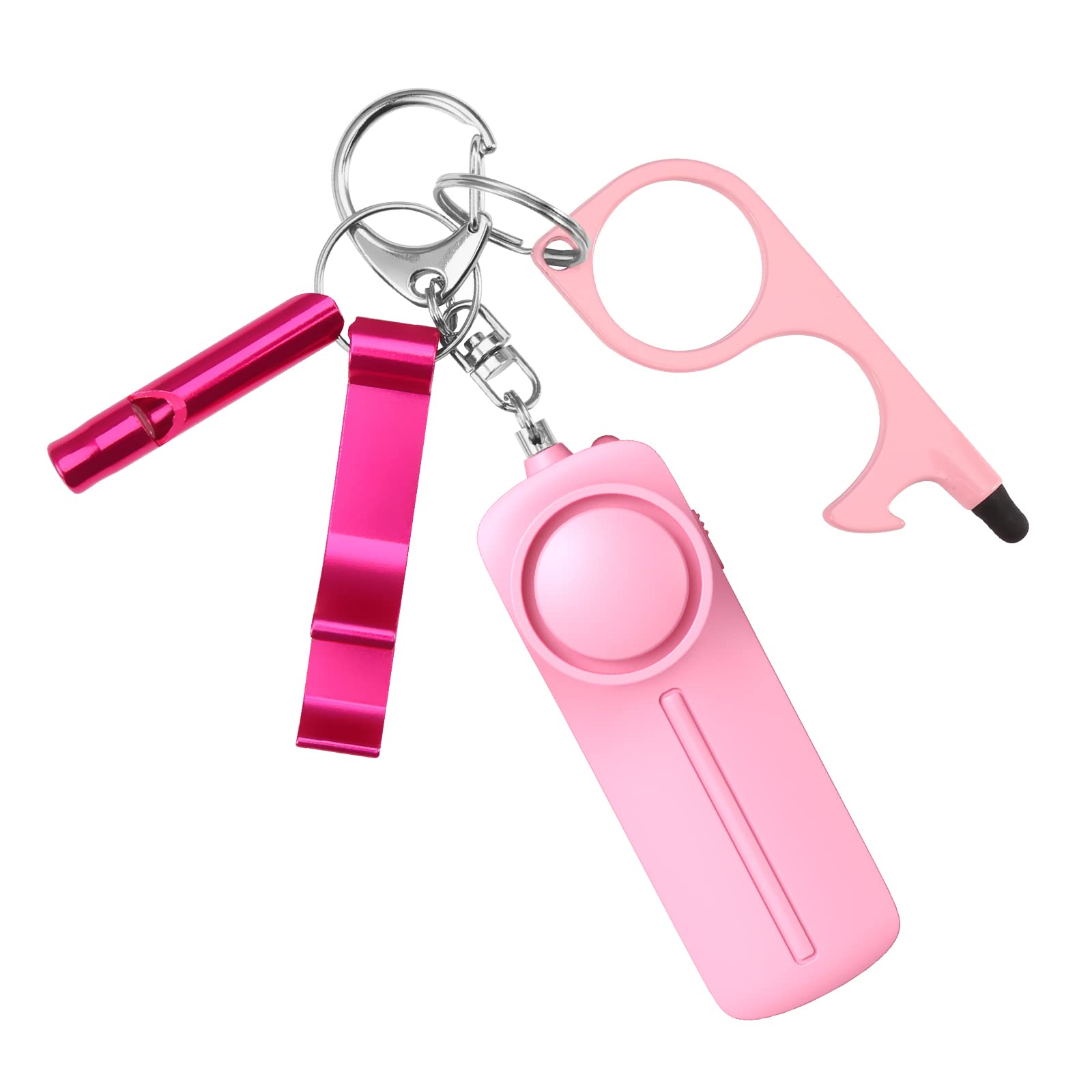 Safety Keychain Set for Women and Kids, 4 Pcs Safety Keychain Accessories, Self Defense Keychain Set for Girls with Safe Sound Personal Alarm, No Touch Door Opener, Whistle and Bottle Opener, Pink