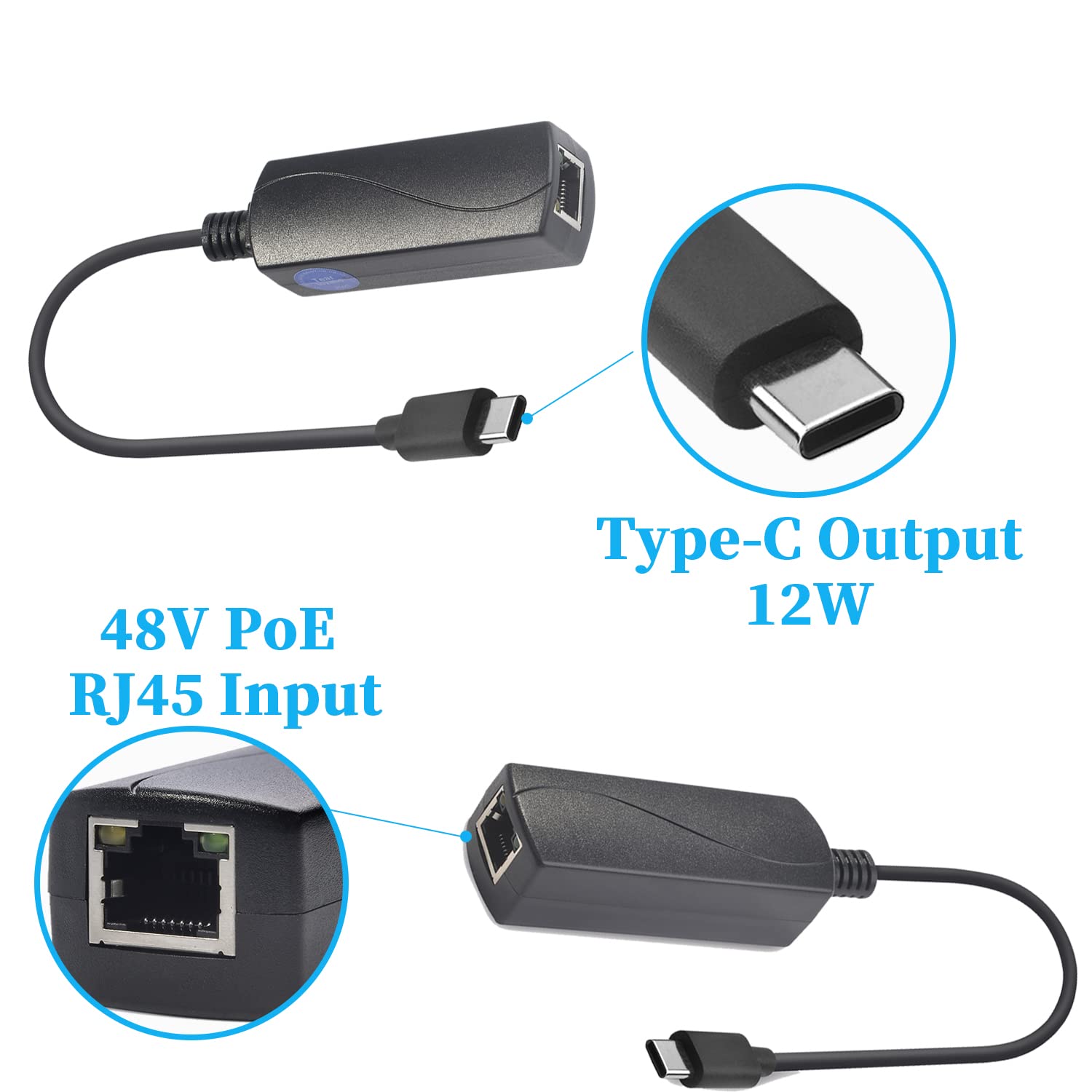 REVOTECH PoE to USB C Adapter Converter, Convert POE to Output 5V/2.4A Type-C with Ethernet, IEEE802.3af with 10/100Mbps, Wired Broadband and PD Charging for Smart Phone/Tablet, Plug and Play (P2C5V)