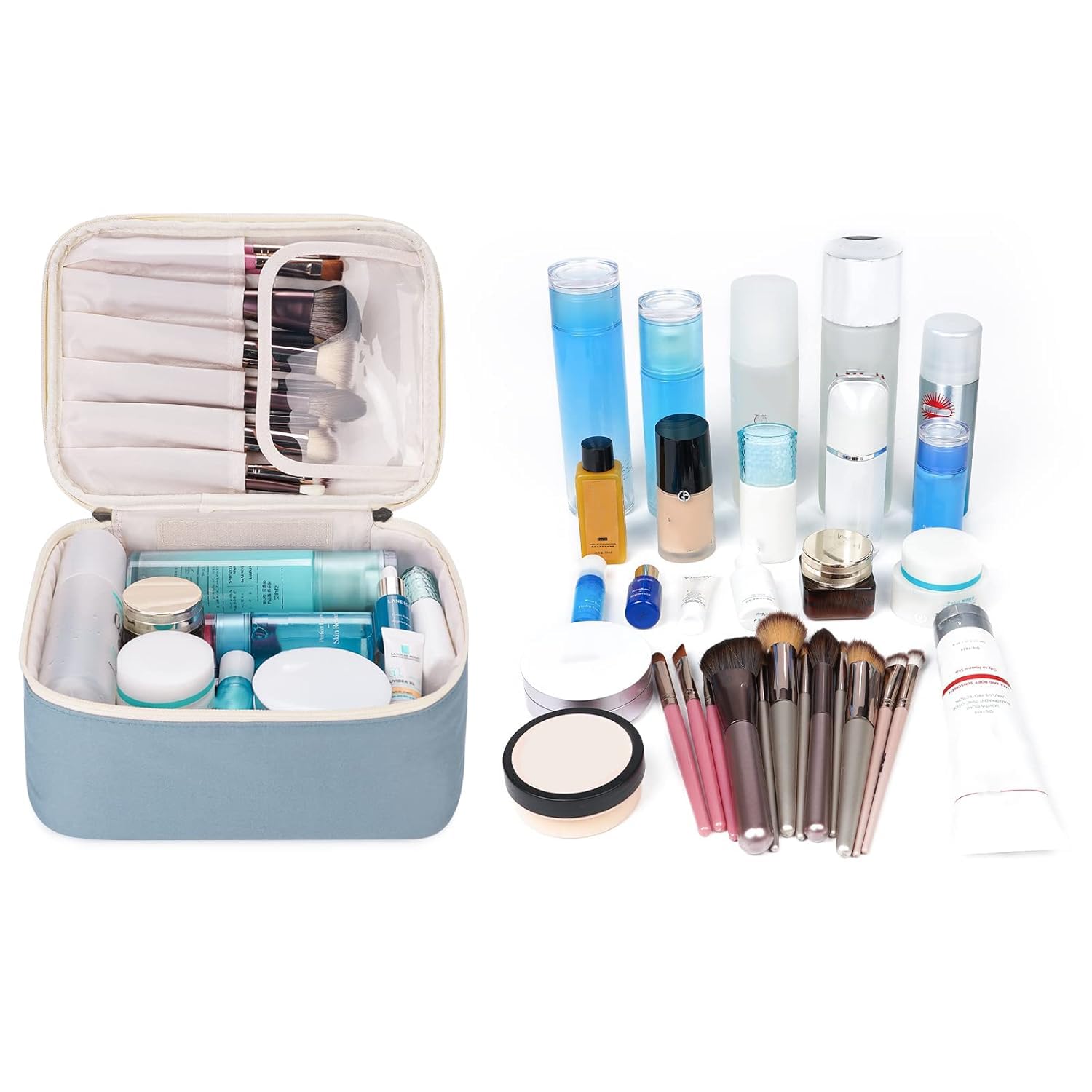 Narwey Travel Makeup Bag with Brush Compartments，Portable Cosmetic Bag，Make up Bag Makeup Organizer Case with Brush Storage for Women (Greyish Blue-1)