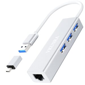 usb to ethernet adapter, 3 usb 3.0 ports with rj45 gigabit ethernet adapter, usb 3.0 hub and 1000mbps network adapter support windows, chromebook, mac, linux (usb c adapter included)