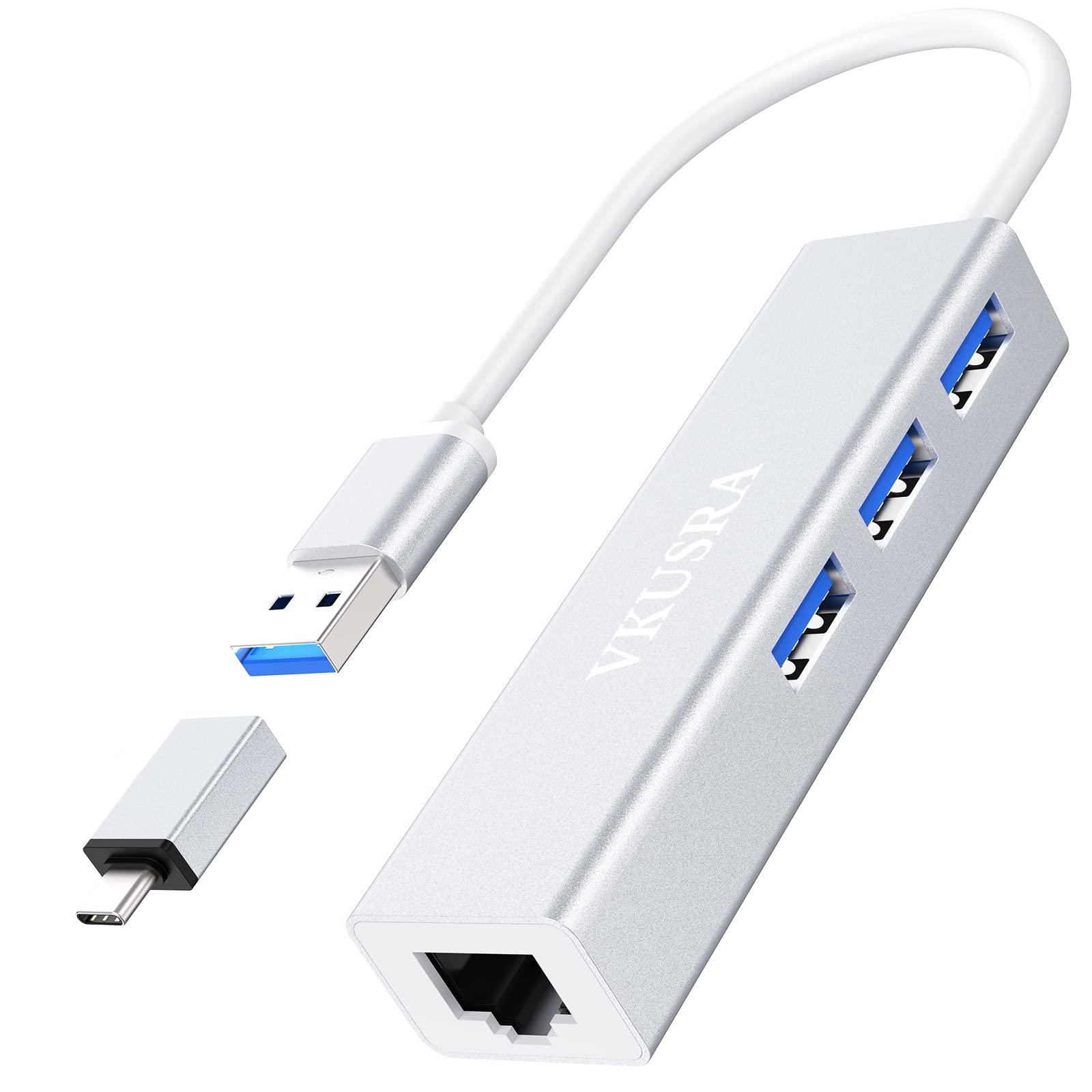 USB to Ethernet Adapter, 3 USB 3.0 Ports with RJ45 Gigabit Ethernet Adapter, USB 3.0 Hub and 1000Mbps Network Adapter Support Windows, Chromebook, Mac, Linux (USB C Adapter Included)