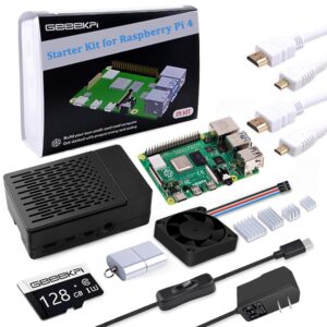 geeekpi starter kit for raspberry pi 4 8gb - 128gb edition, case with pwm fan, 18w 5v 3.6a power supply with on/off switch, hdmi cables (8gb ram)