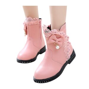 pu leather butterfly knot princess shoes for little kid/big kids girls 4-12 years non-slip fur lining boots snow boots (pink, 4.5-5years)