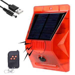 outdoor alarm siren with motion detector solar alarm light with remote controller 129db sound security siren ip65 waterproof 24 hours & night mode for home, farm, villa, yard