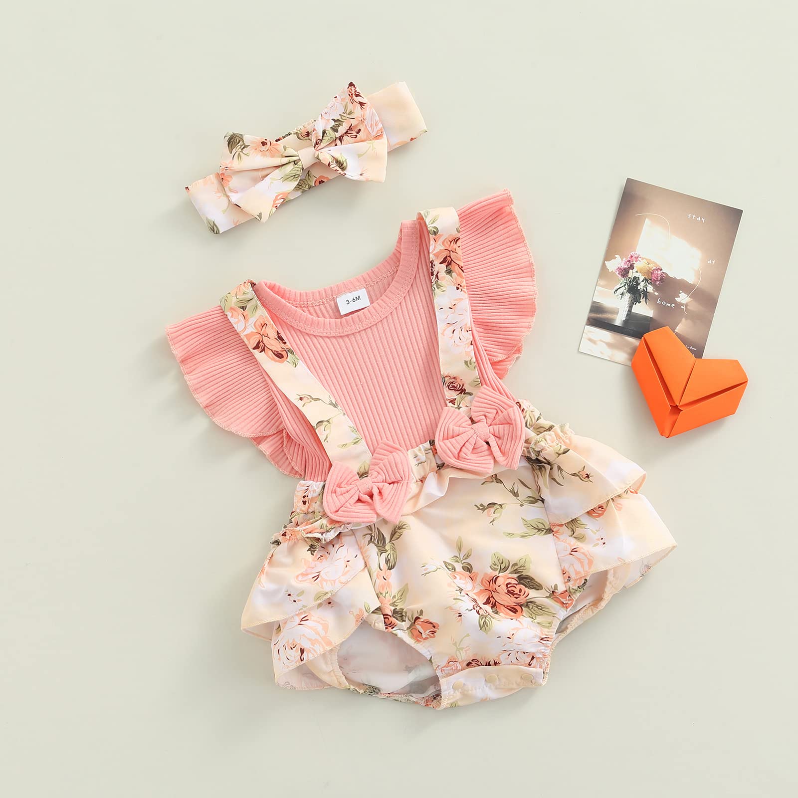 Douhoow 0-18M Newborn Baby Girls Outfit Infant Summer Fly Sleeve Floral Bow Romper +Headband 2pcs /Set (Pink, 3-6 Months)