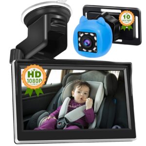 naradoo baby car camera with 10 led lights 1080p baby car monitor rear facing seat with 5 inch baby car mirror with wide clear view and night vision to observe baby's movement