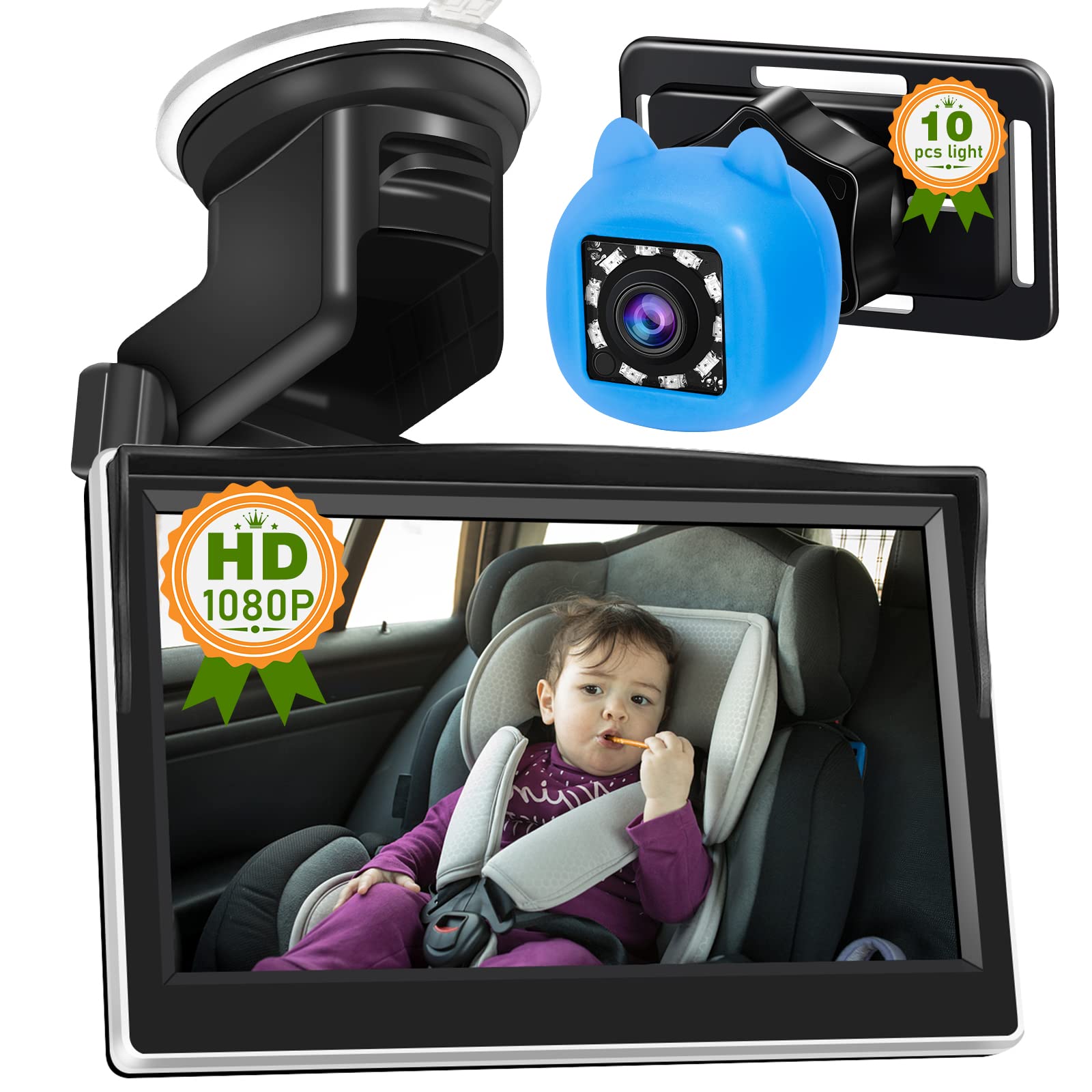 Naradoo Baby Car Camera with 10 LED Lights 1080P Baby Car Monitor Rear Facing Seat with 5 Inch Baby Car Mirror with Wide Clear View and Night Vision to Observe Baby's Movement