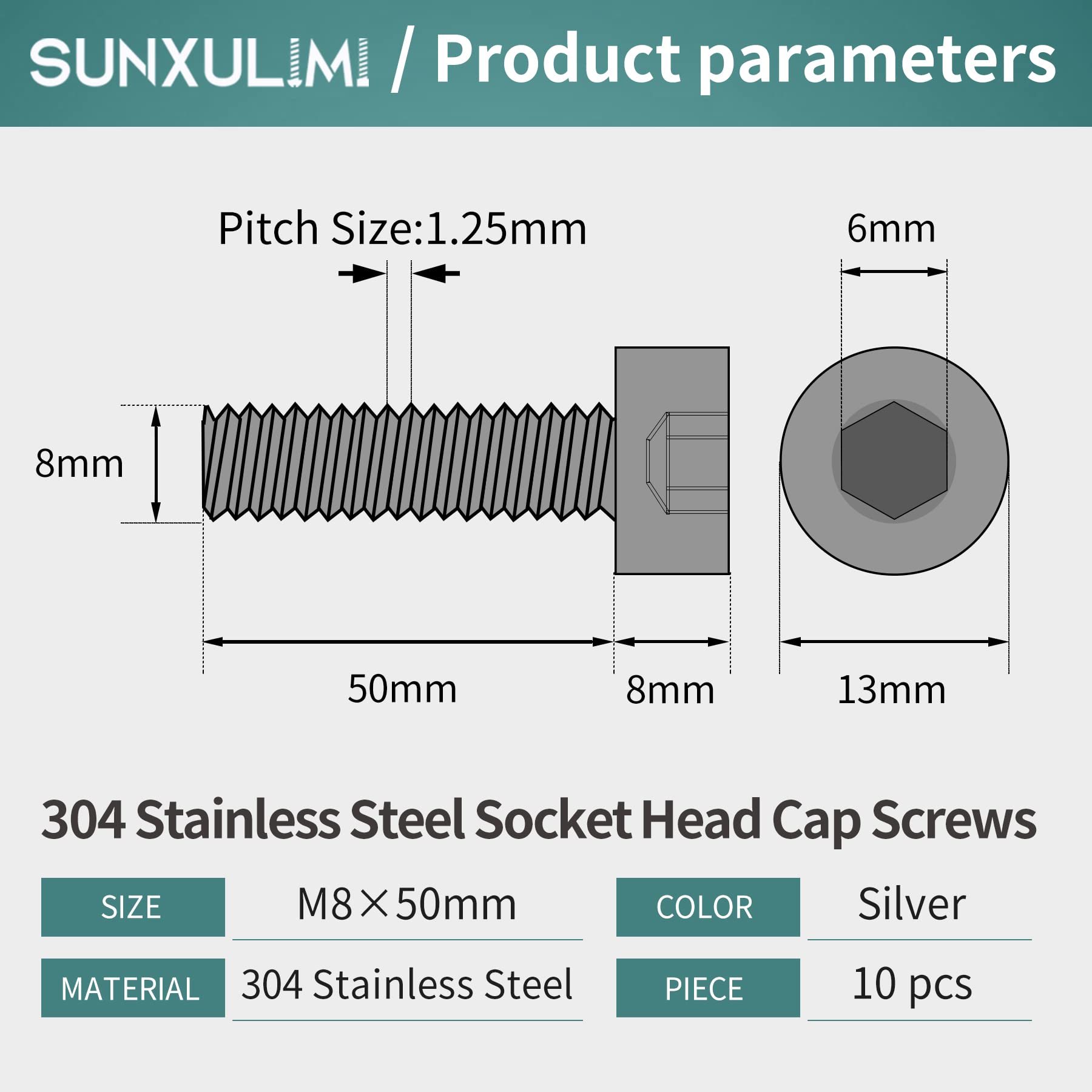 M8 x 50mm Socket Head Cap Screws Bolts Stainless Steel 304 Metric Machine Hex Socket Screw, Allen Hex Drive, Fully Thread, 10PCS