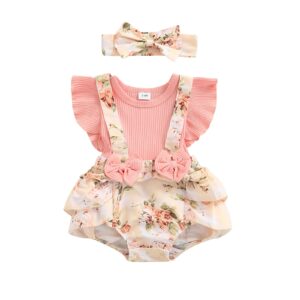 douhoow 0-18m newborn baby girls outfit infant summer fly sleeve floral bow romper +headband 2pcs /set (pink, 3-6 months)