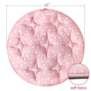 Moonsea Round Kids Play Mat Pink Star Nursery Rug for Baby Girl, Soft Crawling Non Slip Cushion Play Mat for Children Toddlers Bedroom and Princess Pop Up Play Tent, Diameter 40''