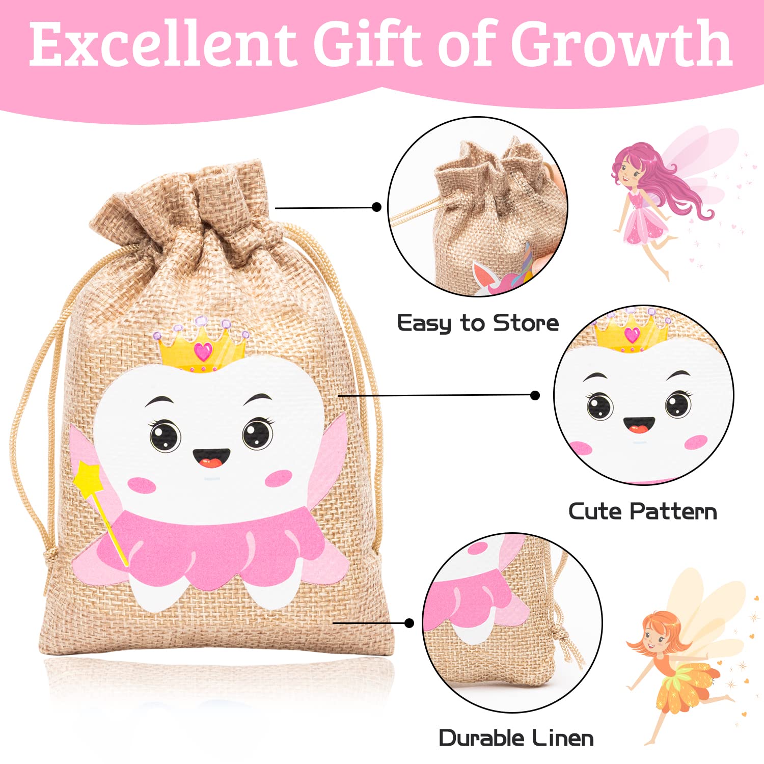 4Pcs Tooth Fairy Bag for Girls Pouch Tooth Fairy Keepsake Bag to Place Under Pillow Milk Teeth Container Box Personalized Lost Tooth Holder Baby Toddler Teeth Case for Baby Shower Birthday Gift