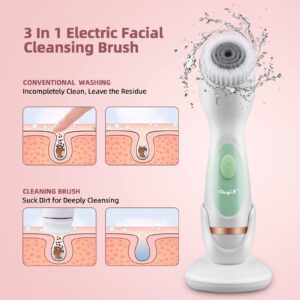 Facial Cleansing Brush, CkeyiN 3 in 1 Electric Exfoliating Spin Cleanser Device USB Rechargeable and Waterproof Exfoliation Rotating Spa Machine Facial Cleanser Massager for Women