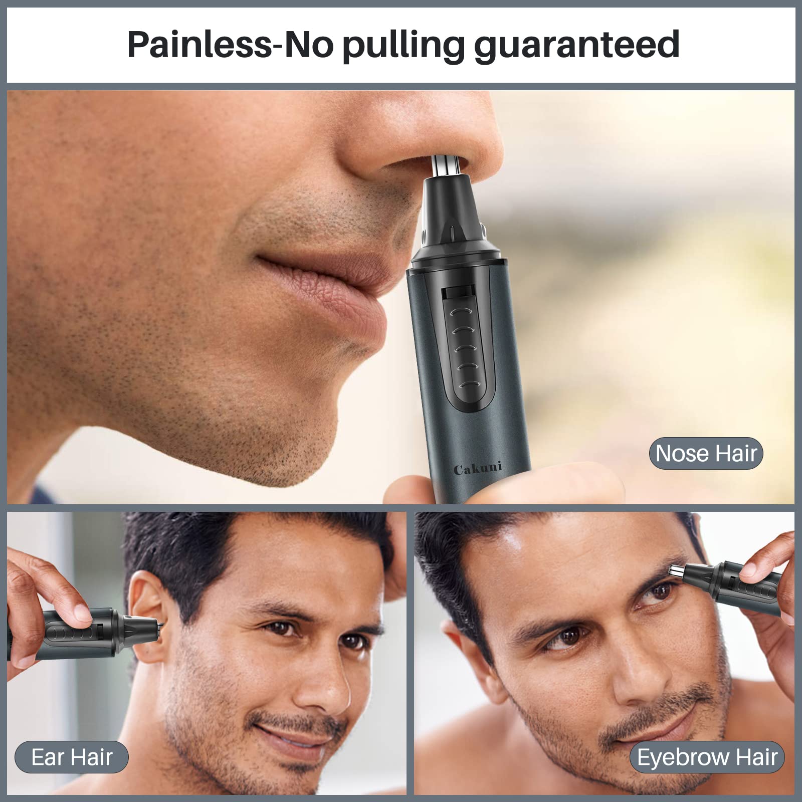 Nose Hair Trimmer Clipper - Upgrade Painless Nose Ear Eyebrow Trimmer for Men Women, Battery-Operated Dual Edge Blades Facial Trimmers with LED Light, Washable IPX7 Waterproof, Grey