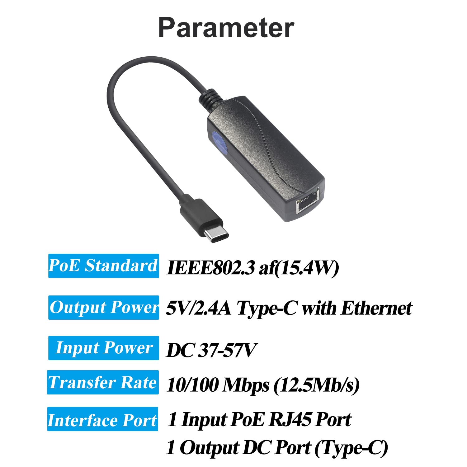 REVOTECH PoE to USB C Adapter Converter, Convert POE to Output 5V/2.4A Type-C with Ethernet, IEEE802.3af with 10/100Mbps, Wired Broadband and PD Charging for Smart Phone/Tablet, Plug and Play (P2C5V)