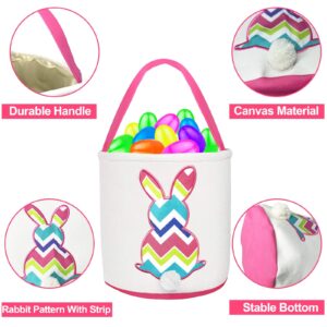 TURNMEON 3 Pack Easter Baskets Bags for Kids, Bunny Canvas Personalized Candy Easter Eggs Hunt Baskets Bucket Tote Bags with Rabbit Fluffy Tail for Boys Girls Easter Party Favors Decorations Gifts Toy