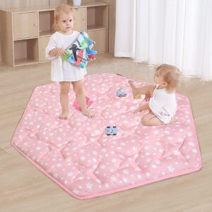 Hexagon Mat Princess Tent Rug, Plush Soft Playpen Mat Fitted for Monobeach Princess Castle, Non Slip Pink Star Nursery Rug for Baby Girl Room Decor, 55" L x 47" W